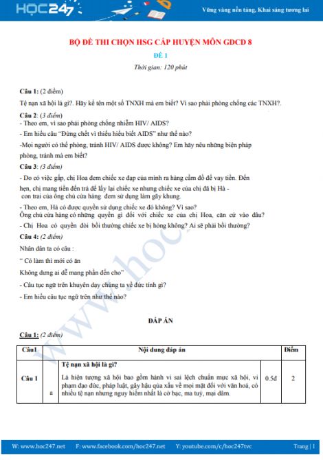 Bộ đề thi HSG cấp huyện môn GDCD 8 năm học 2019 - 2020
