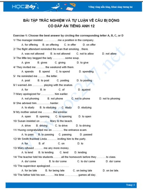 Bài Tập Trắc Nghiệm Và Tự Luận Về Câu Bị động Có đáp án Tiếng Anh 12