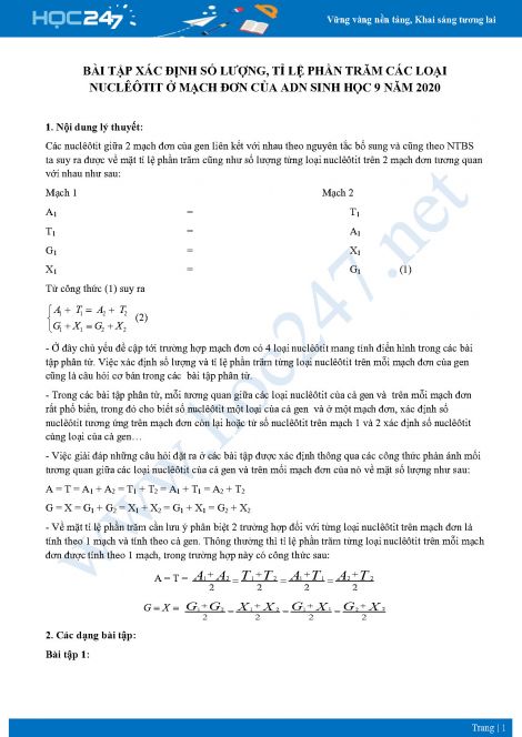 Bài tập xác định số lượng, tỷ lệ % các loại nucleotit ở mạch đơn của ...