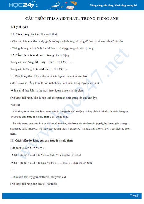 Cấu trúc It is said that...trong Tiếng Anh