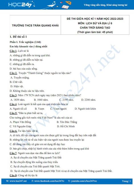 Bộ 5 đề thi giữa HK1 môn Lịch sử và Địa lí 6 CTST năm 2022-2023 có đáp án Trường THCS Trần Quang ...