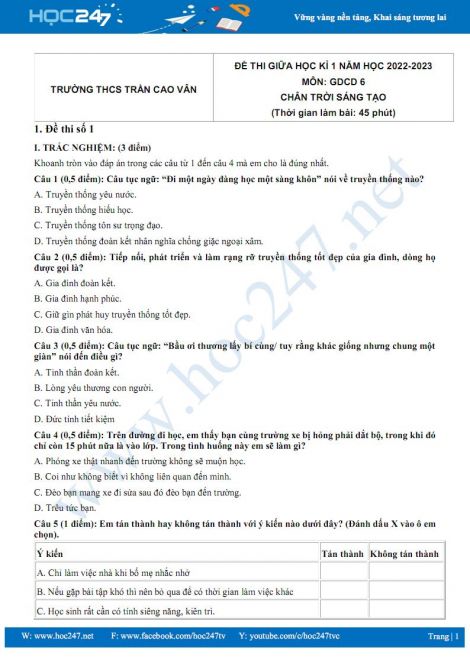 Bộ 5 đề thi giữa HK1 môn GDCD 6 CTST năm 2022-2023 có đáp án Trường THCS Trần Cao Vân